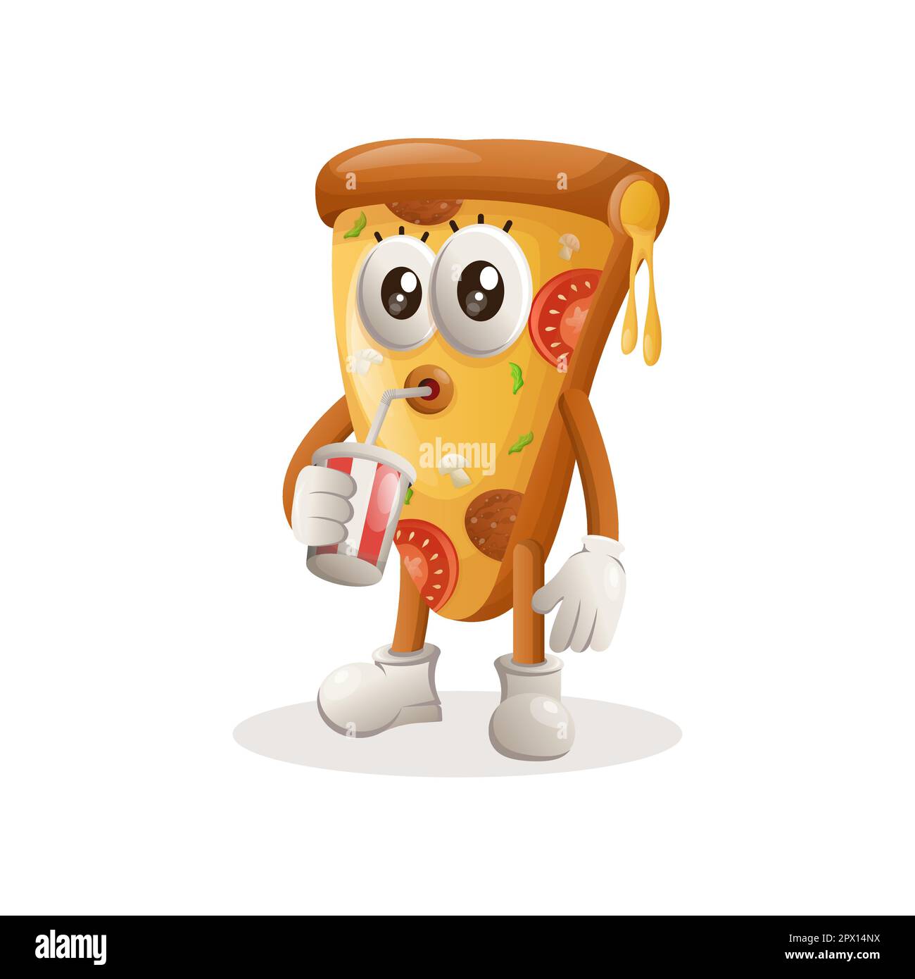 Cute pizza mascot drinking soda, cola. Perfect for food store, small ...
