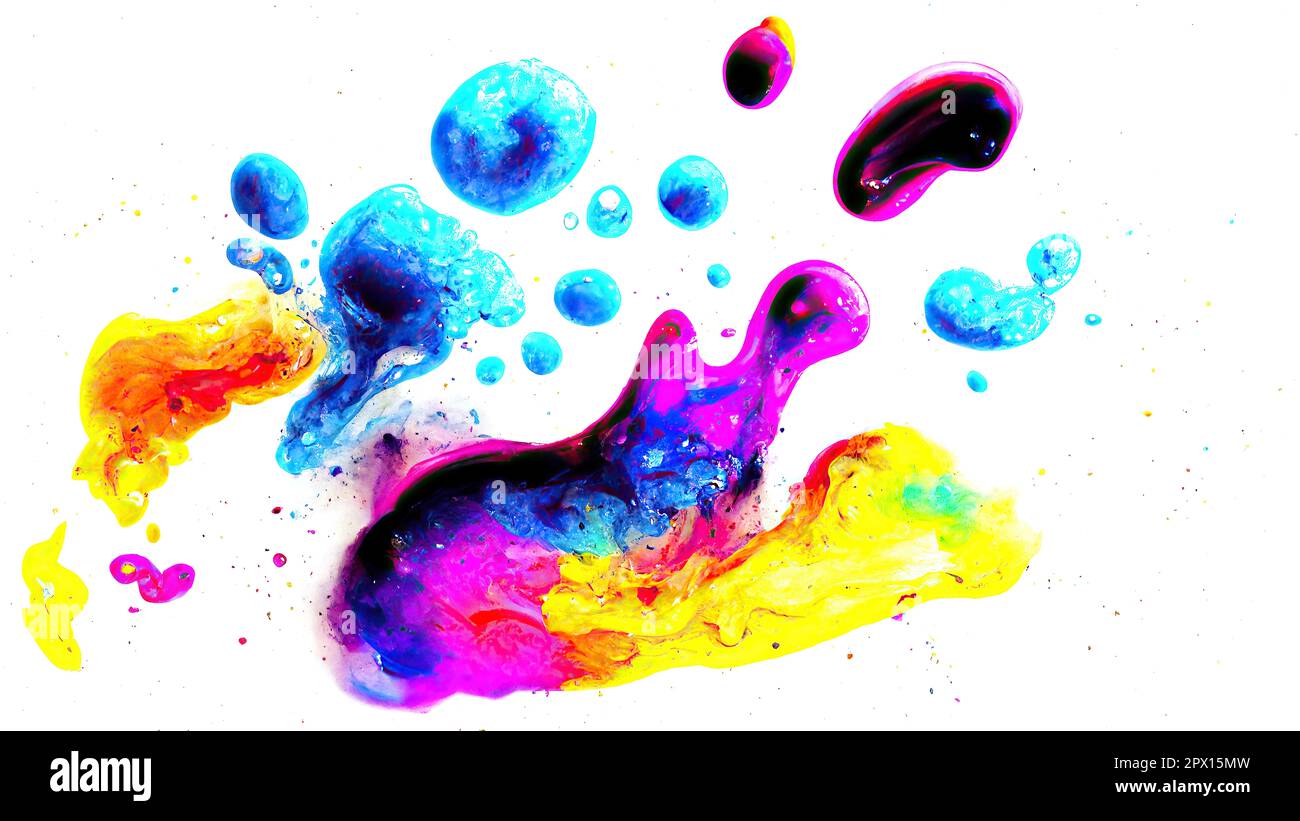 Colorful wet paint splashes in horizontal banner on bright background ...
