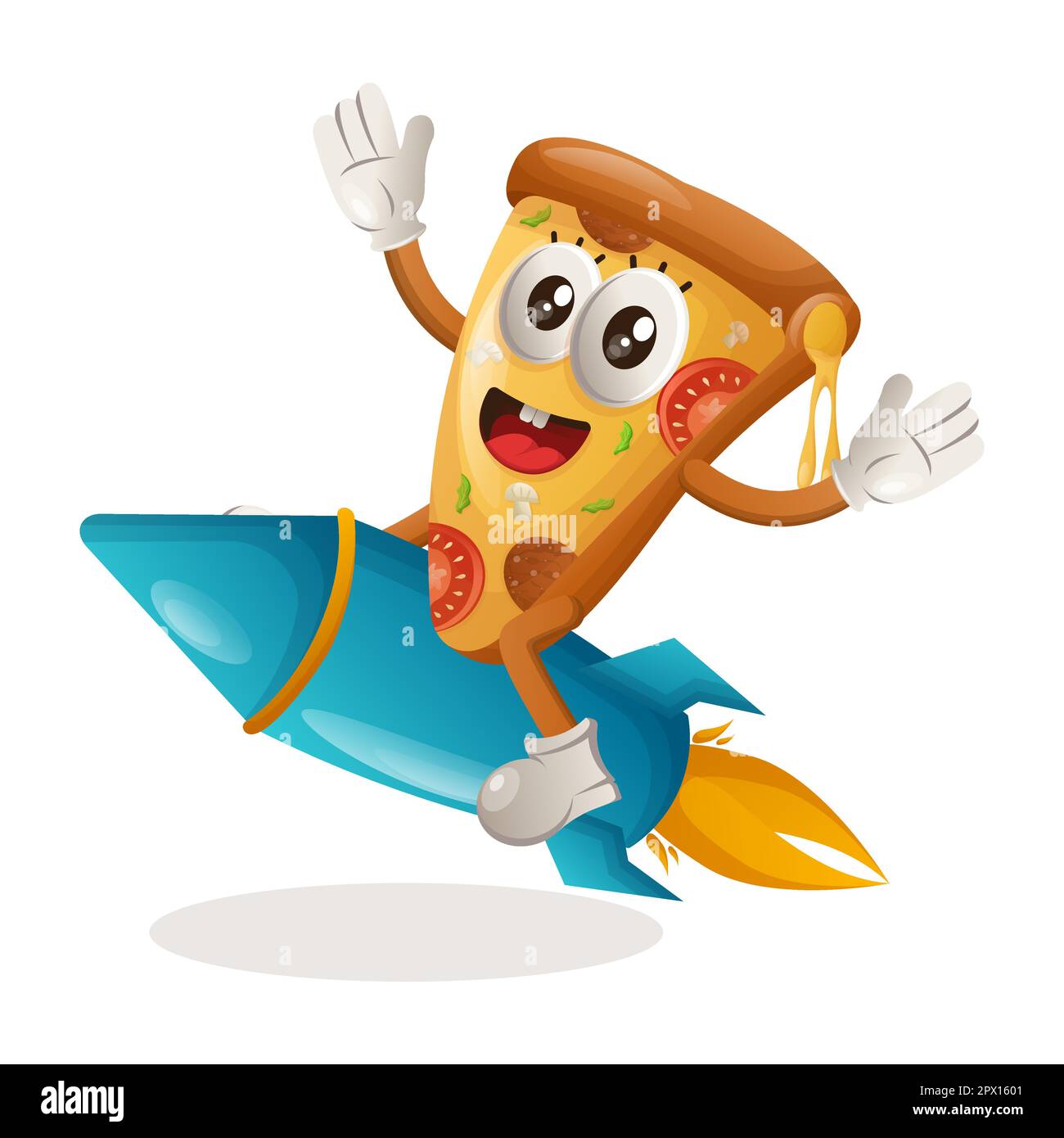 Cute pizza mascot flying on rocket. Perfect for food store, small ...