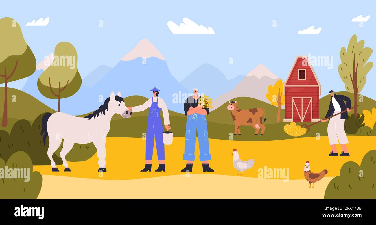 Farmer characters at farm agriculture. Woman holding bucket and feeding ...