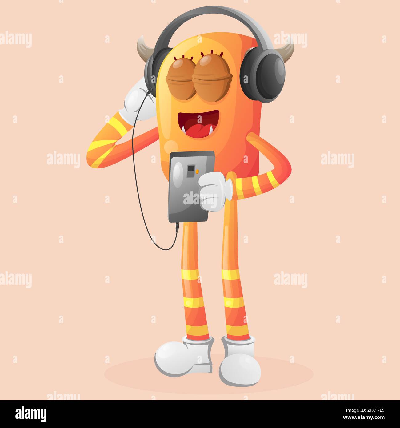 Cute orange monster listening music on a smartphone using a headphone ...