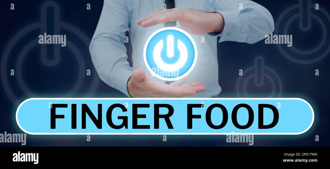 Sign displaying Finger Food, Business showcase products and digestives ...