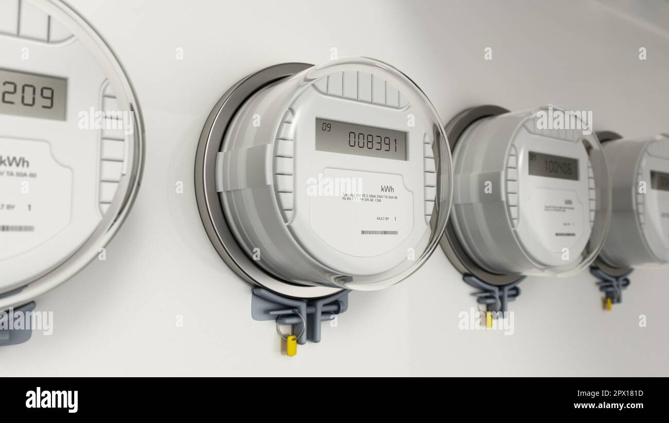 Row of electricity meters on the wall. 3D illustration Stock Photo - Alamy