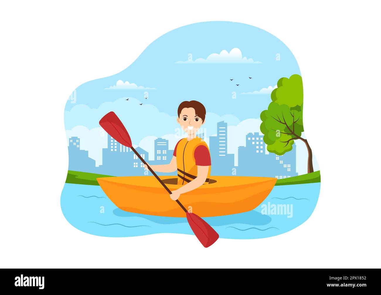 People Enjoying Rowing Illustration with Canoe and Sailing on River or ...