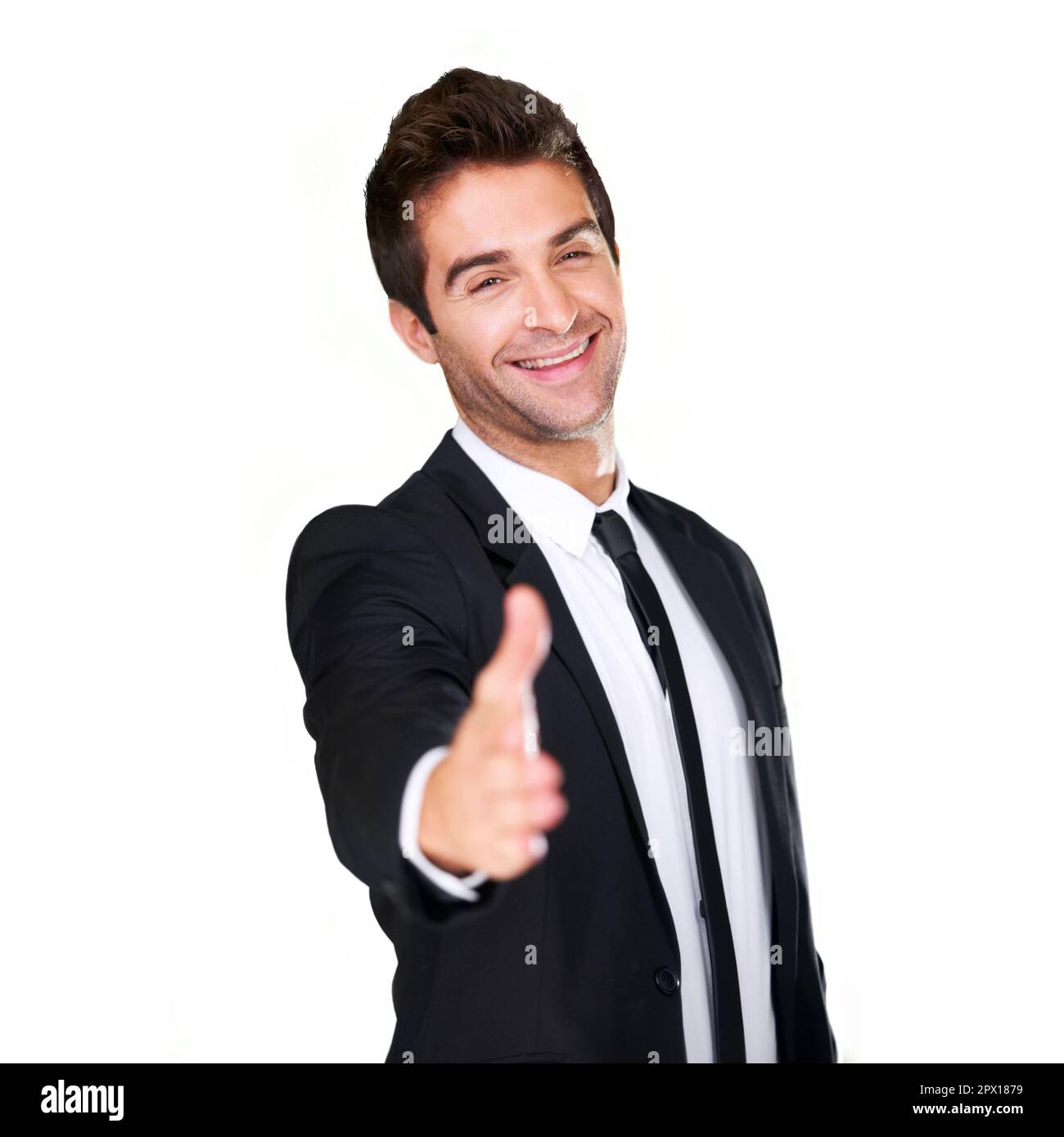 Extended handshake, portrait and business man hand for deal or ...