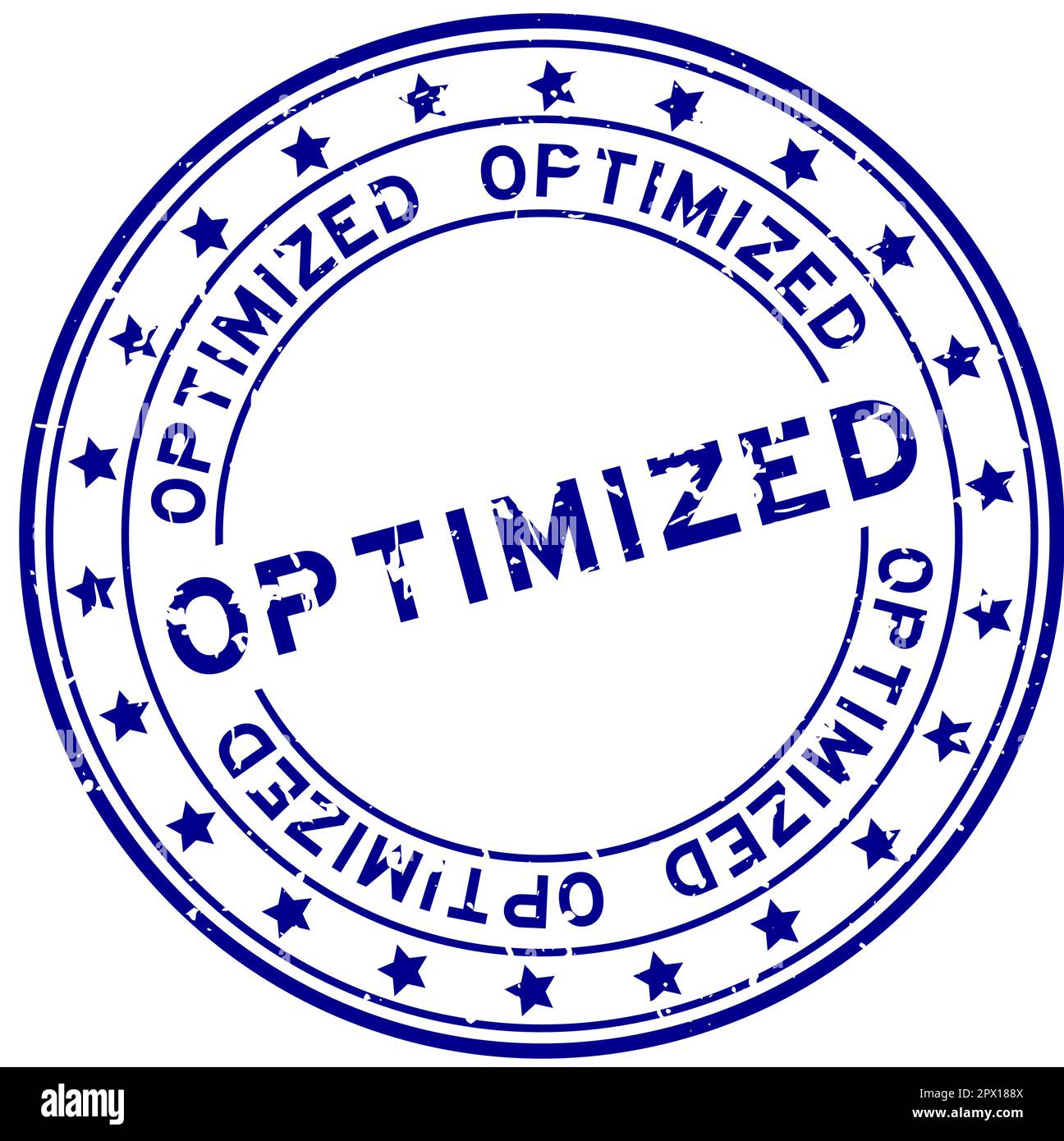 Grunge blue optimized word with star icon round rubber seal stamp on white background Stock ...