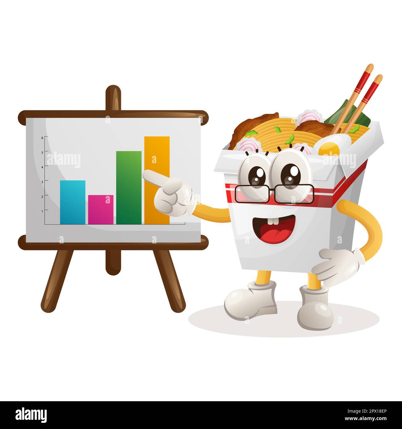 Cute ramen mascot gives report presentation, shows column graphics ...