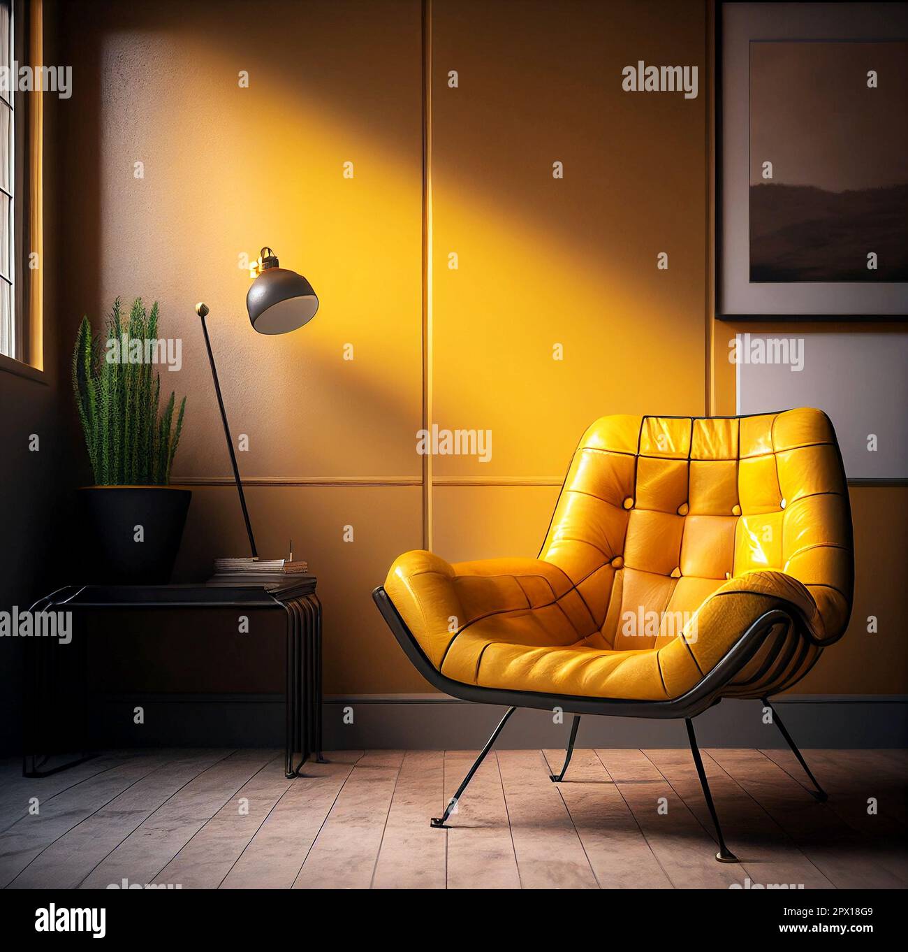 Interior of a cozy modern living room with design yellow leather chair ...