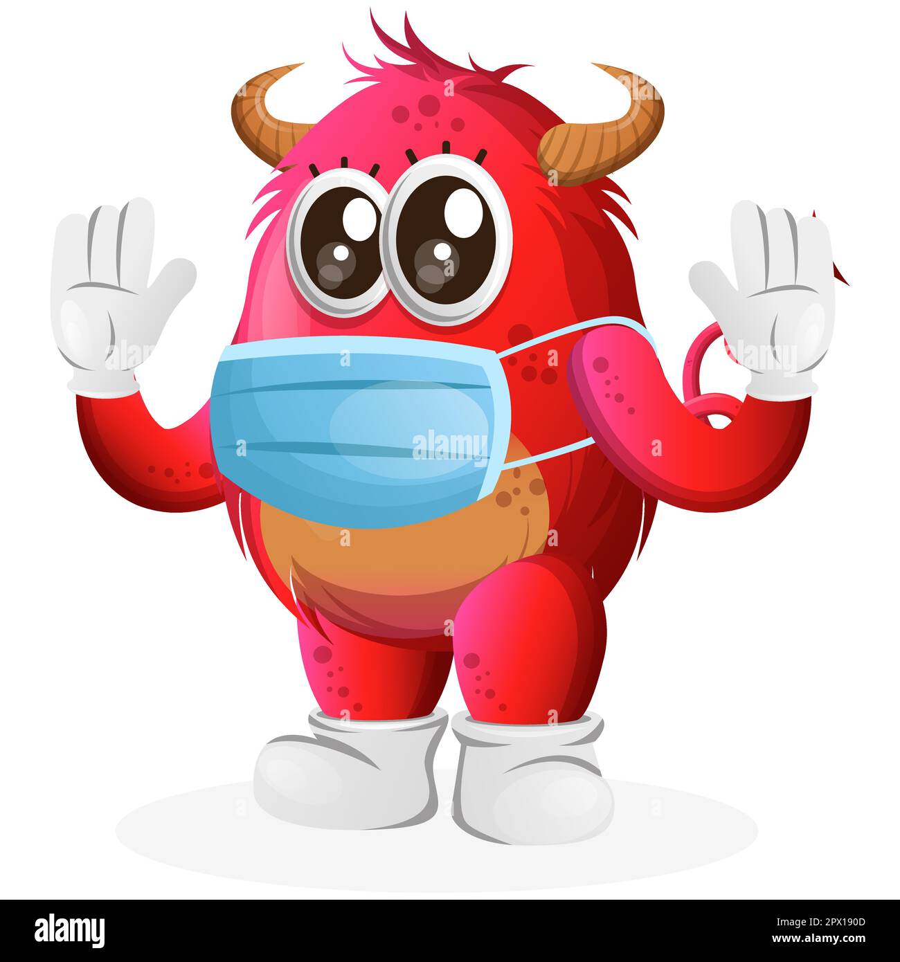 Cute red monster wearing medical mask, protect from covid-19. Perfect ...