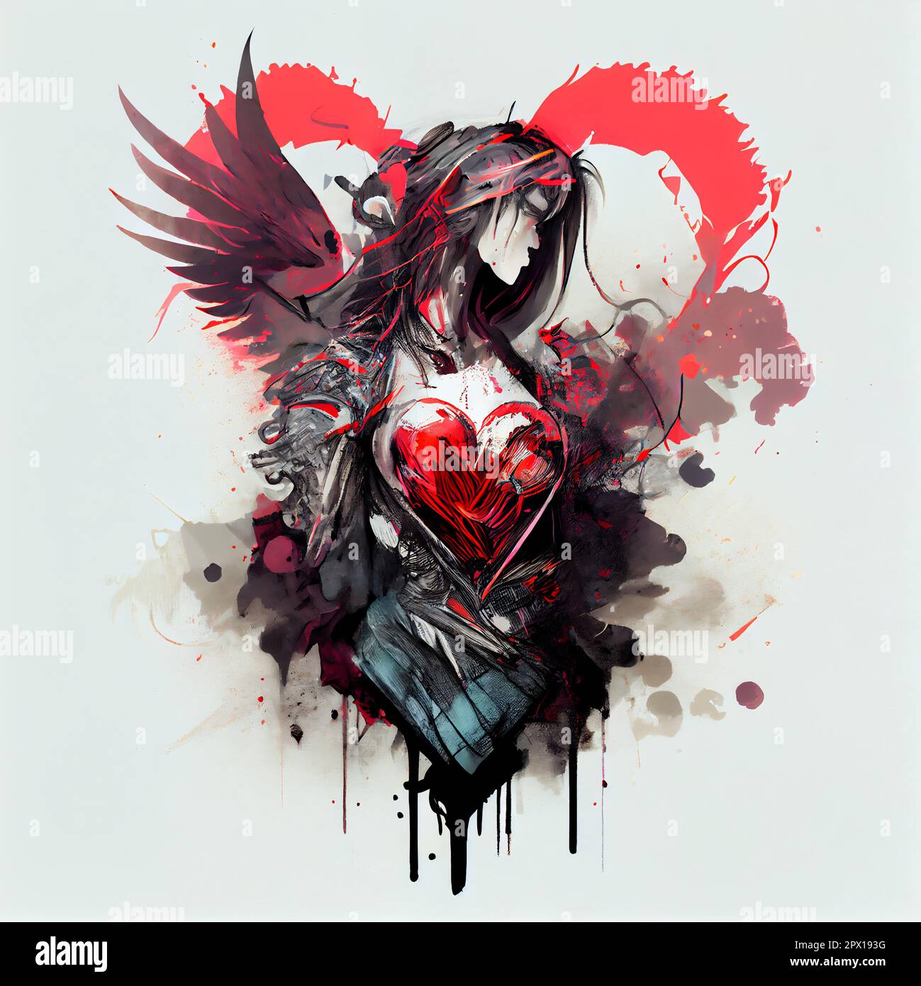 Illustration of emo girl with wings, heart shape on background Stock ...