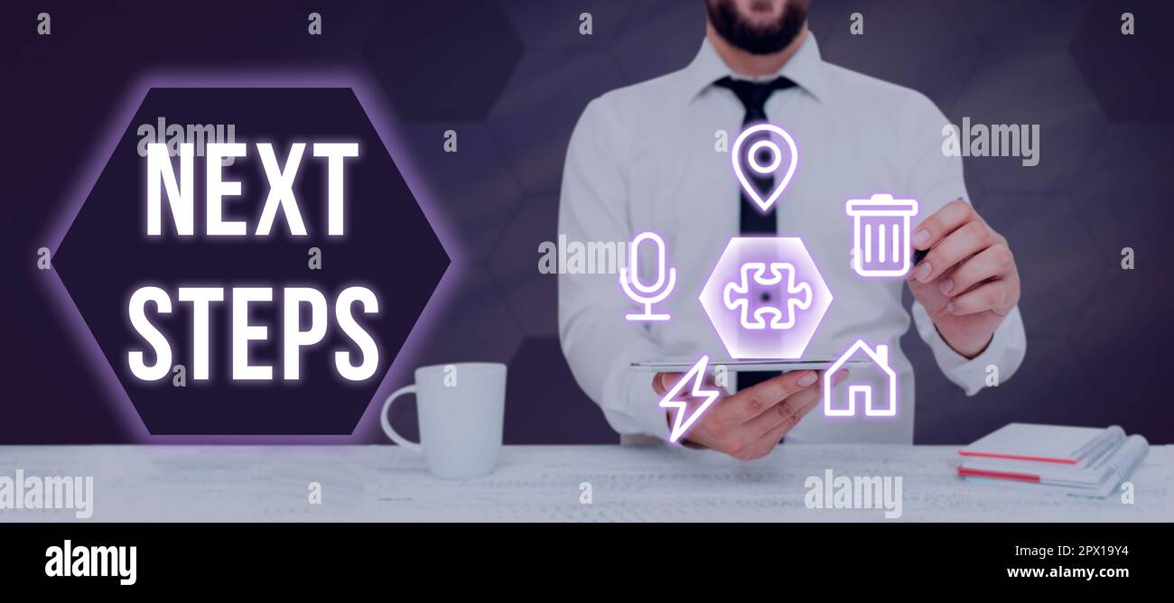 Text caption presenting Next Steps, Word for numper of process going to ...