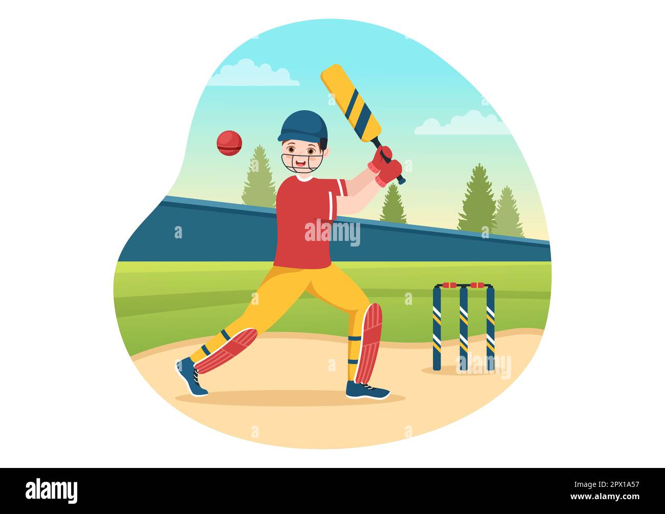 Batsman Playing Cricket Sport Illustration with Bat and Balls in the Field for Championship in ...