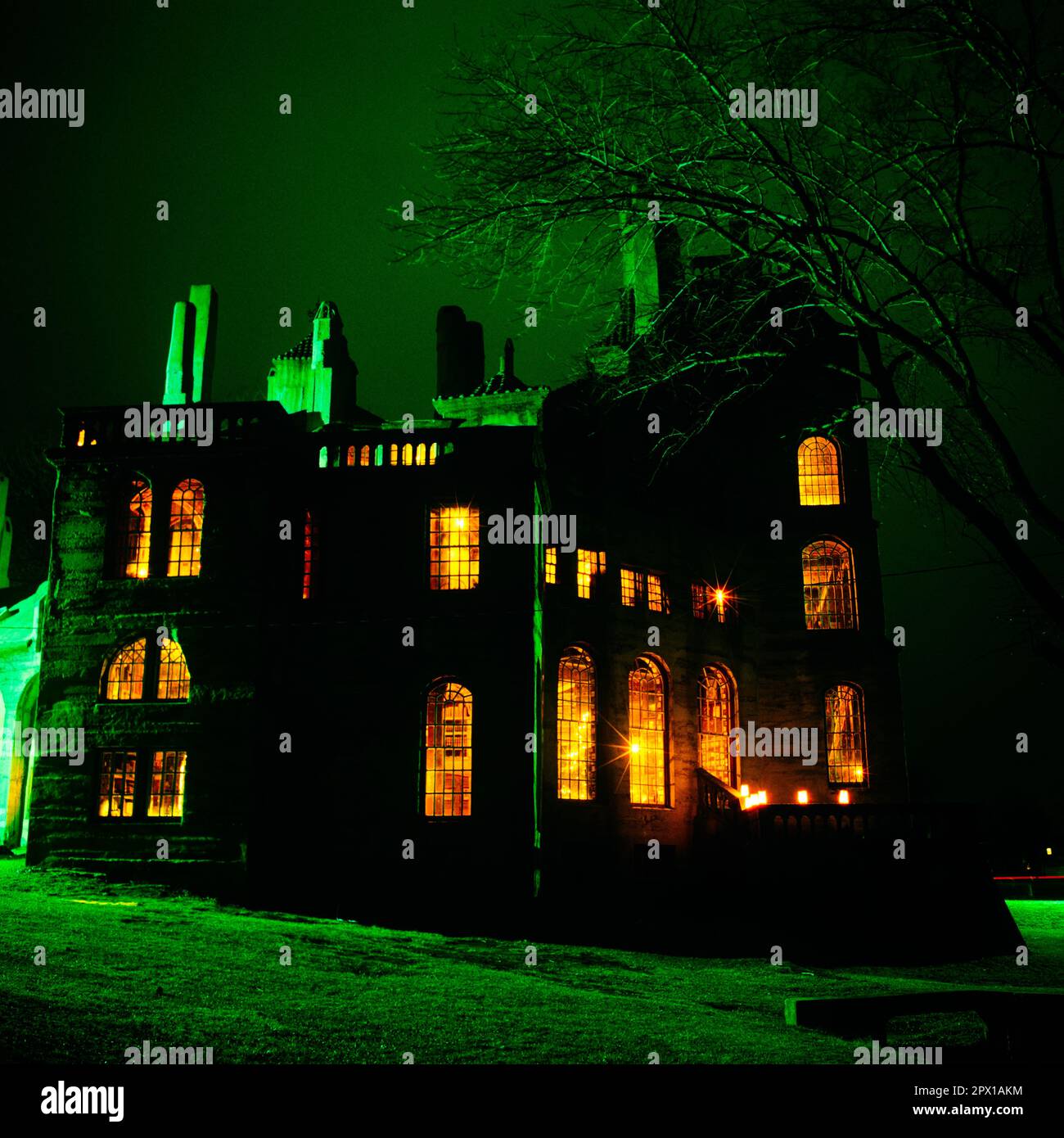 1980s MERCER MUSEUM FORMER HOME OF HENRY CHAPMAN MERCER AT NIGHT GREEN ...