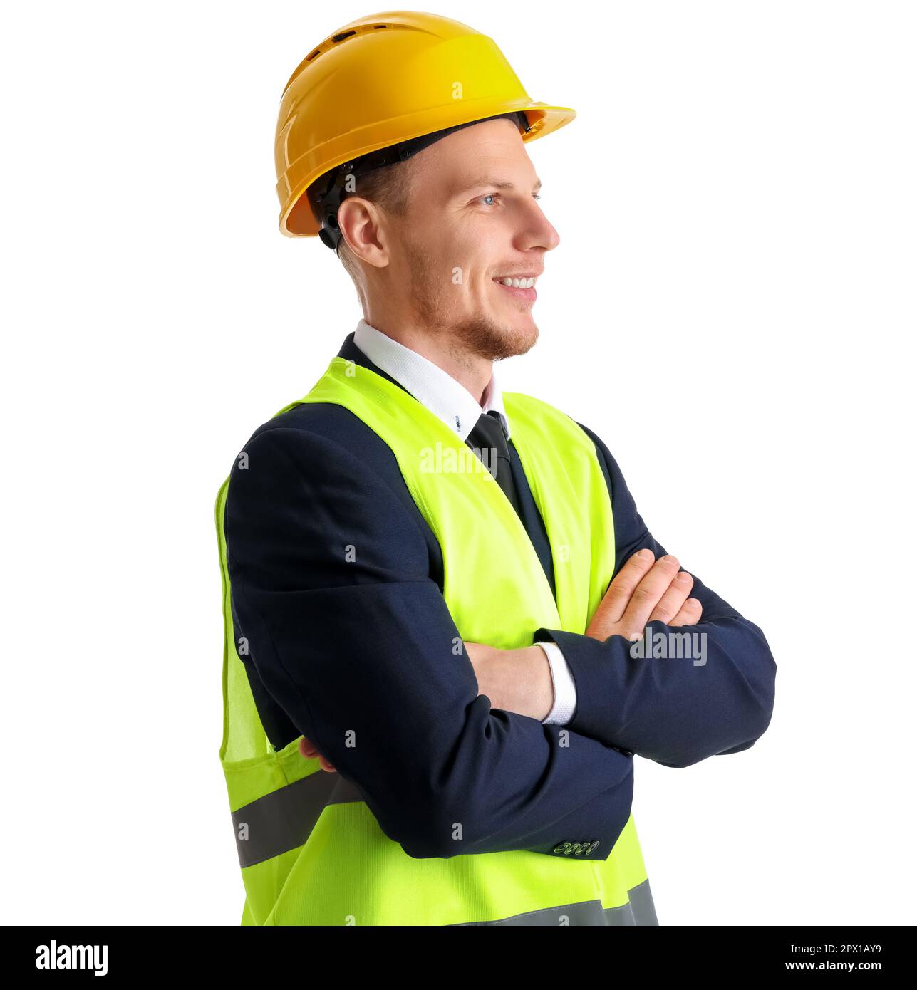 Male architect in vest on white background Stock Photo - Alamy