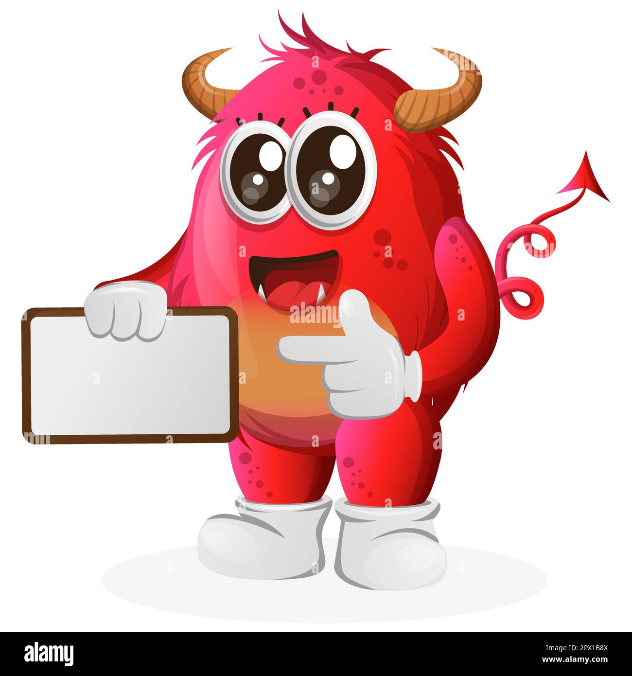 Cute red monster holding billboards, sign board. Perfect for kids ...