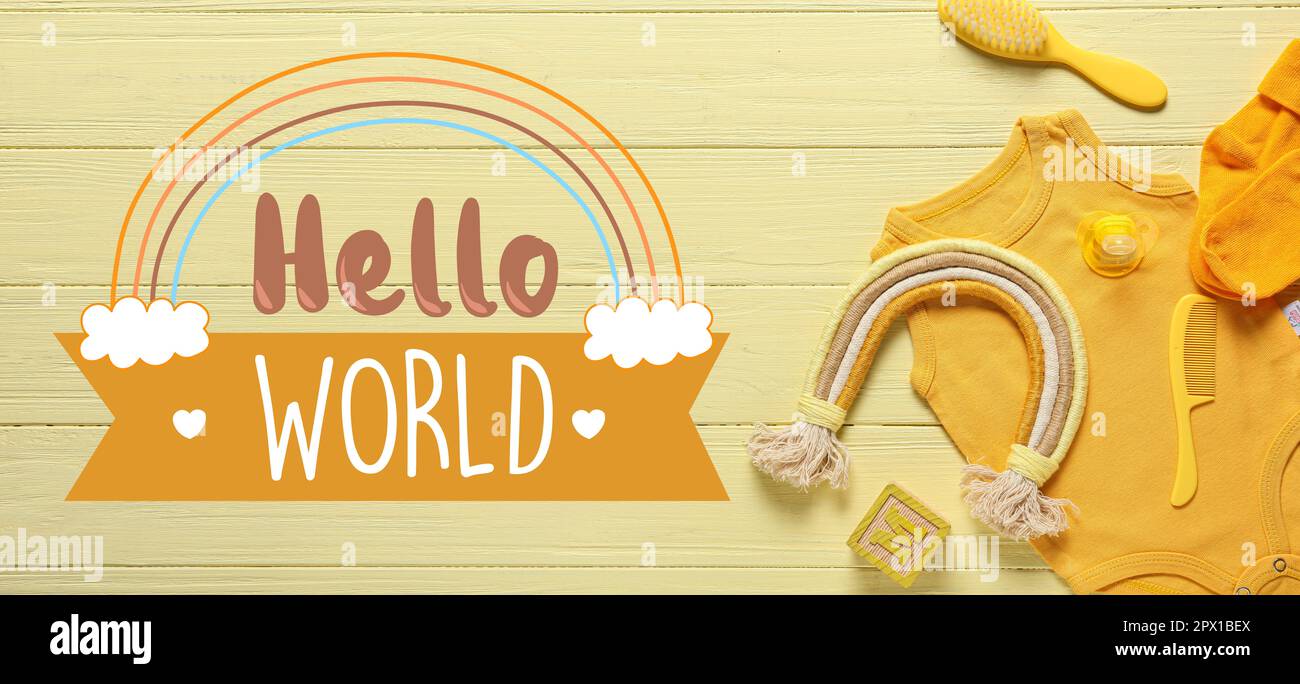 Banner with text HELLO WORLD, baby clothes and accessories Stock Photo ...