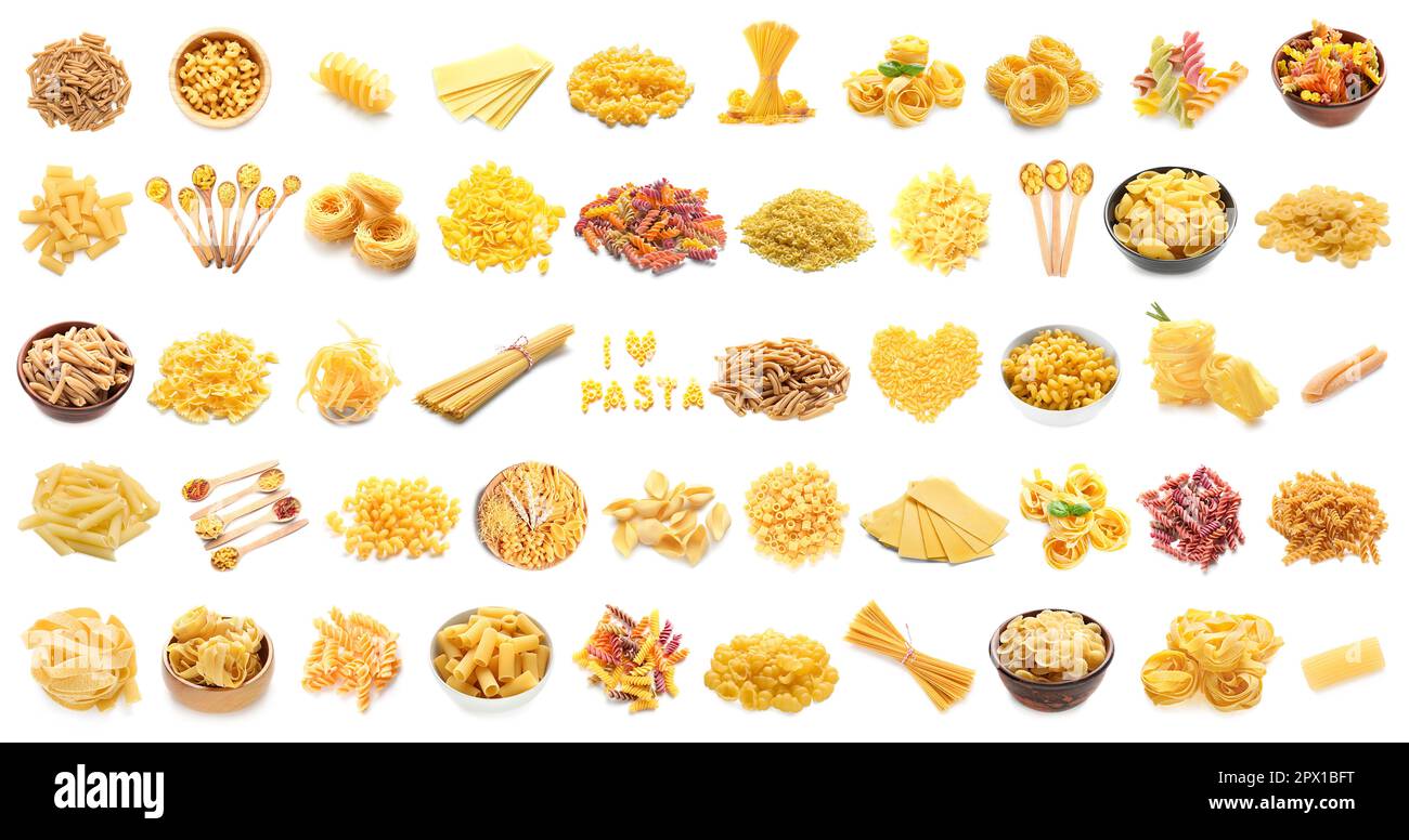 Group of dry Italian pasta on white background Stock Photo - Alamy