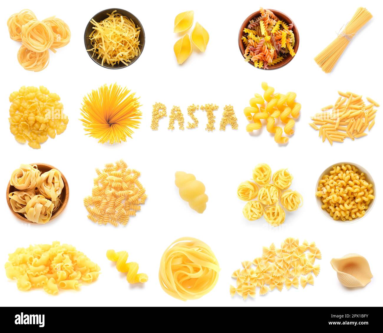 Collage of dry Italian pasta on white background Stock Photo - Alamy