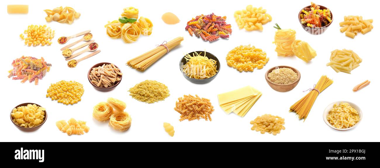 Group of dry Italian pasta on white background Stock Photo - Alamy