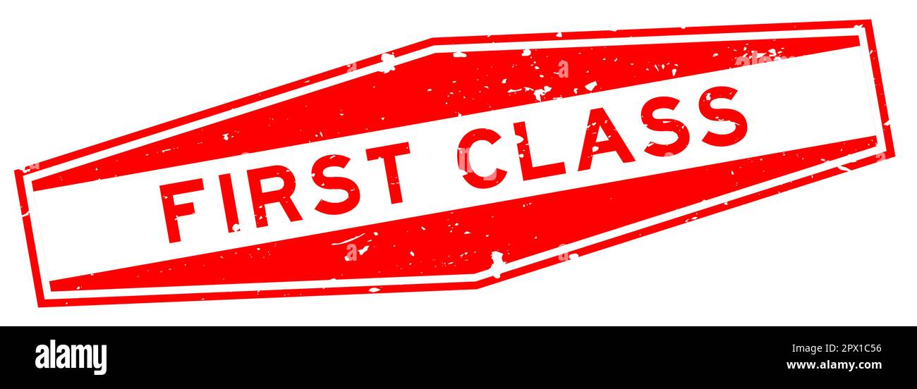 Grunge red first class word hexagon rubber seal stamp on white ...