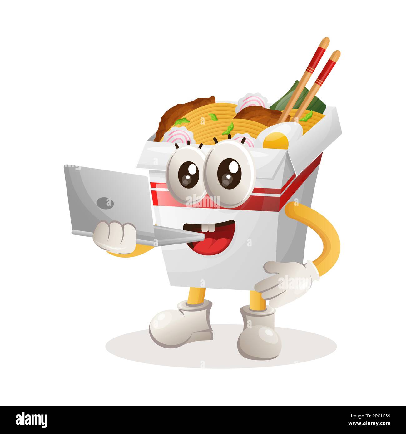 Cute ramen mascot working using a laptop. Perfect for food store, small ...