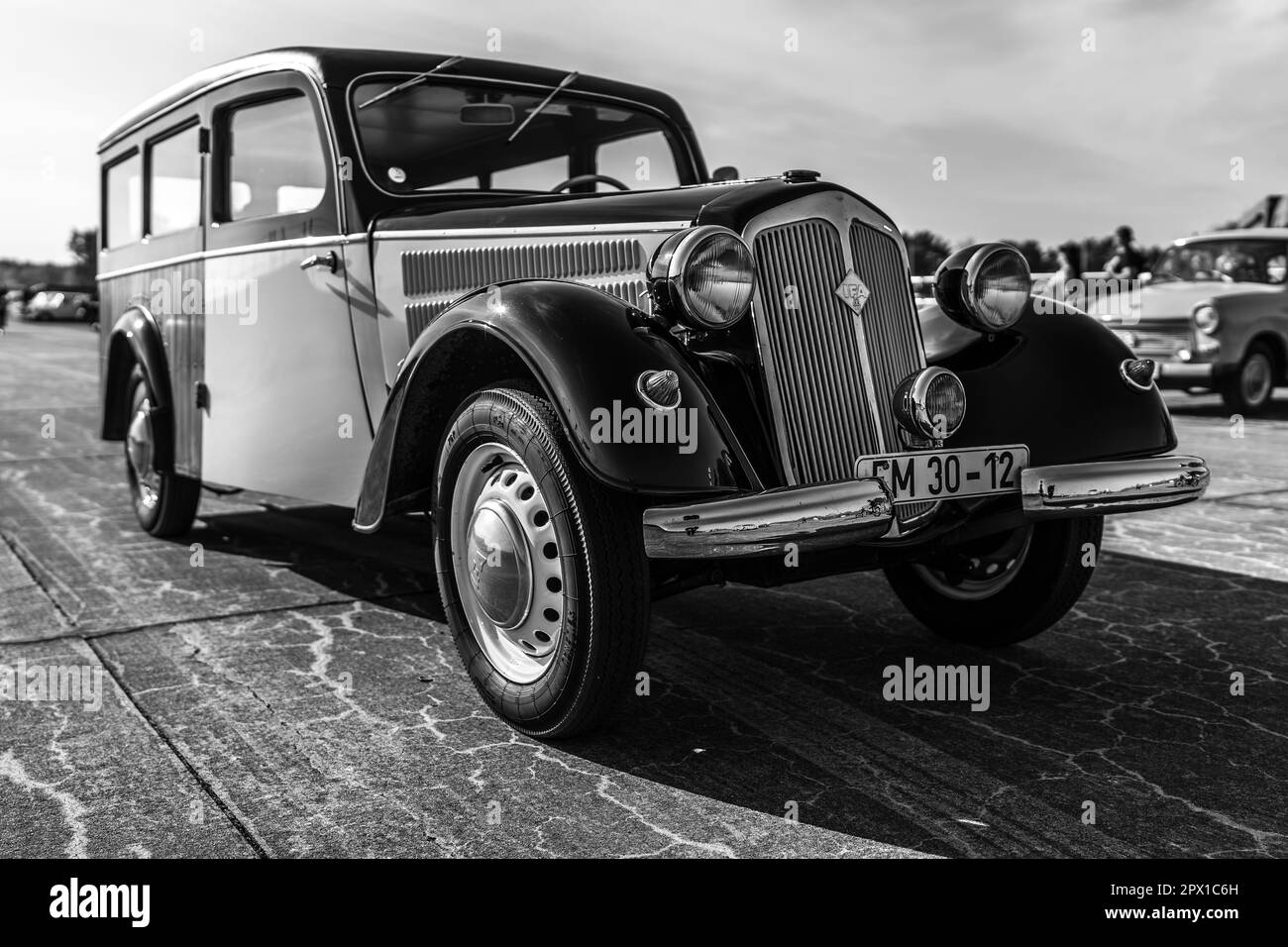 Small family car IFA F8 station wagon. Black and white. Meeting of fans of retro cars of the ...