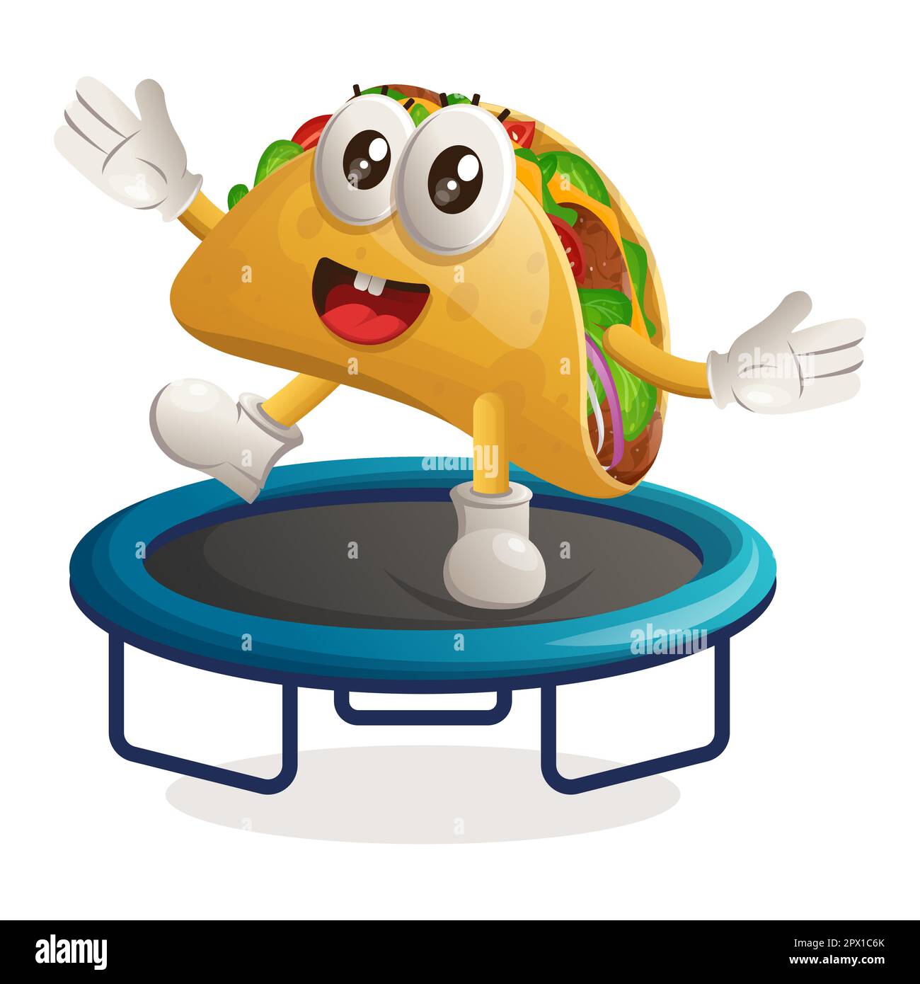 Cute taco mascot playing trampoline game. Perfect for food store, small ...