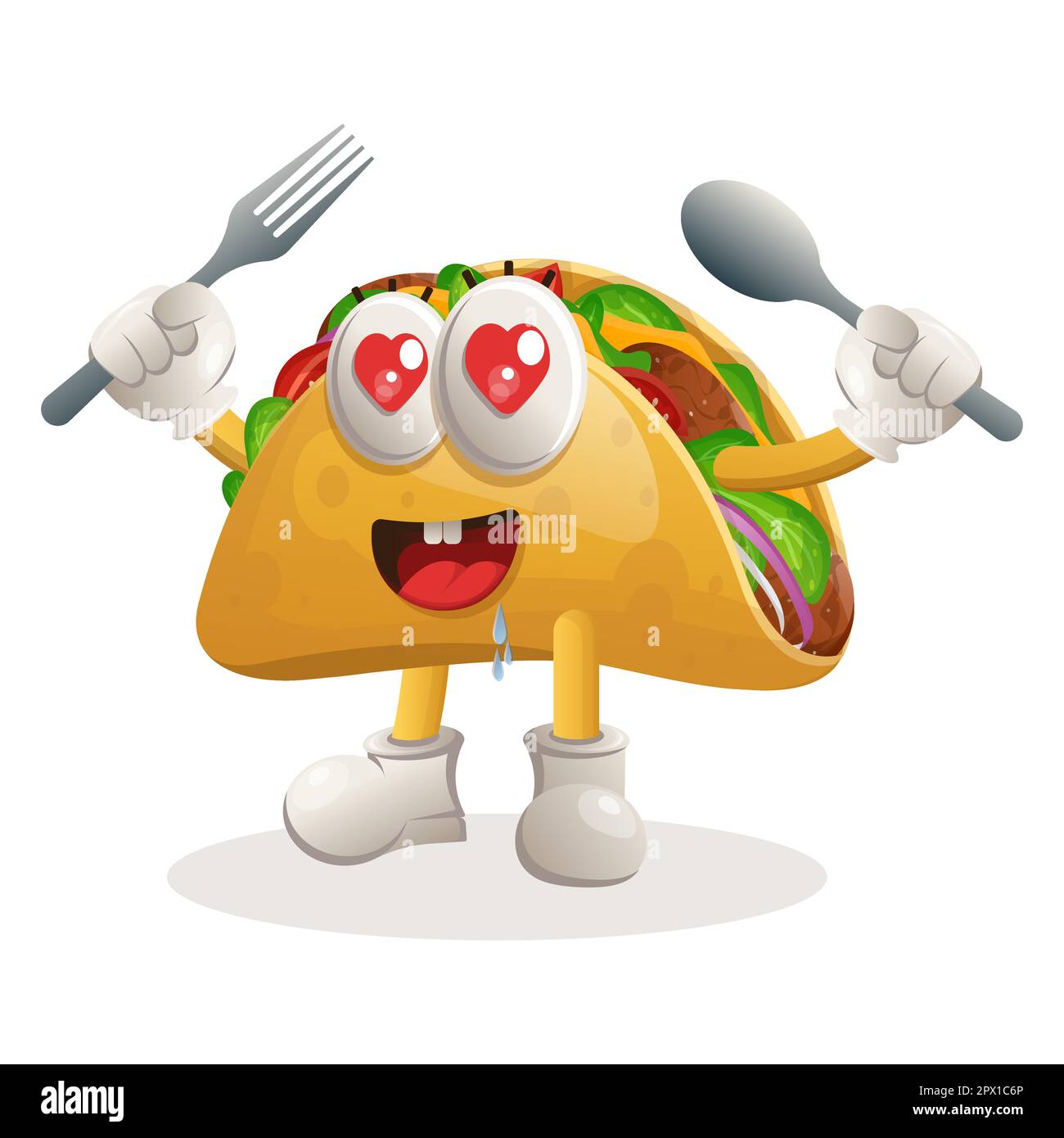 Cute taco mascot holding spoon and fork. Perfect for food store, small ...