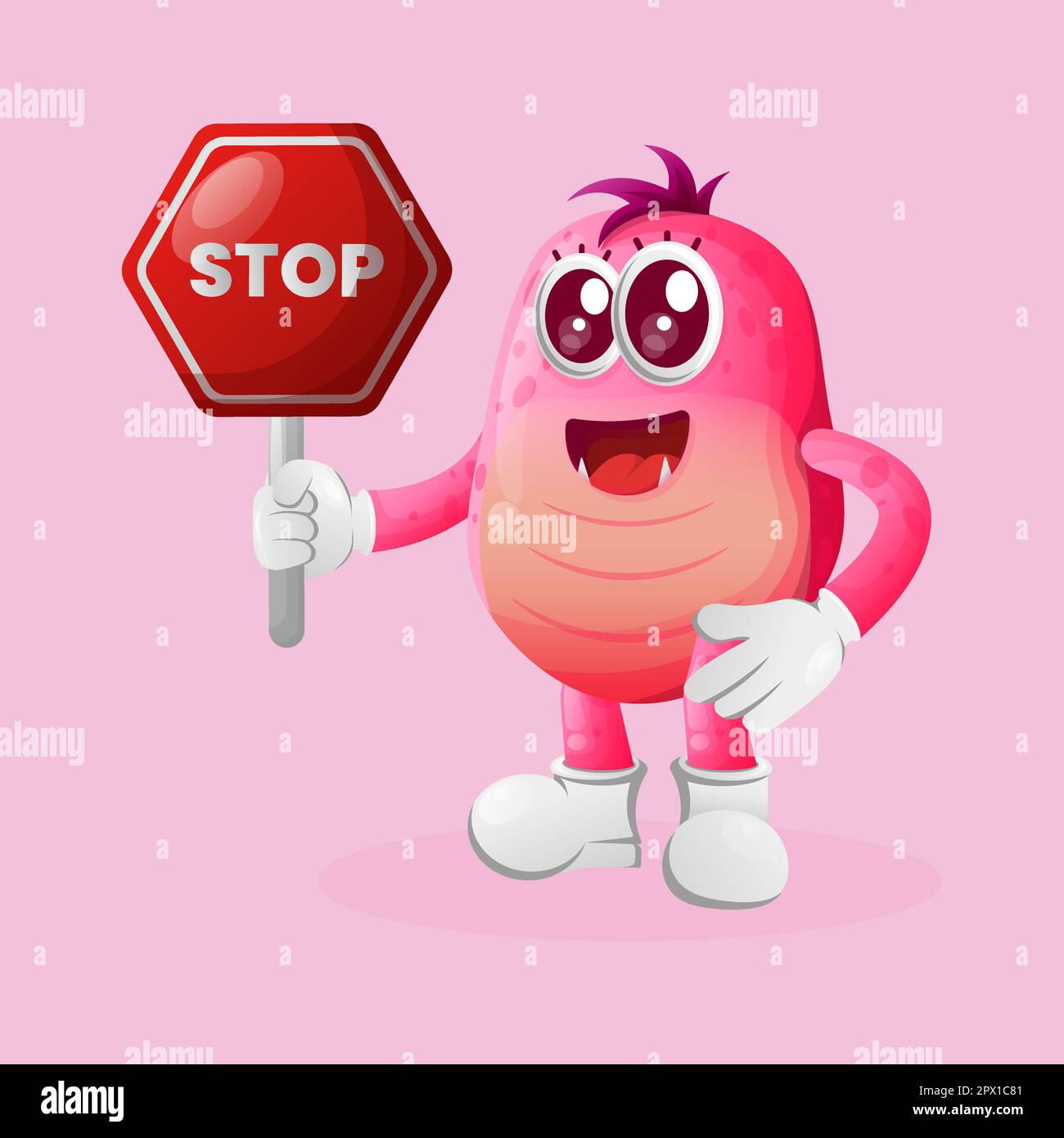 Cute pink monster holding stop sign, street sign, road sign. Perfect ...