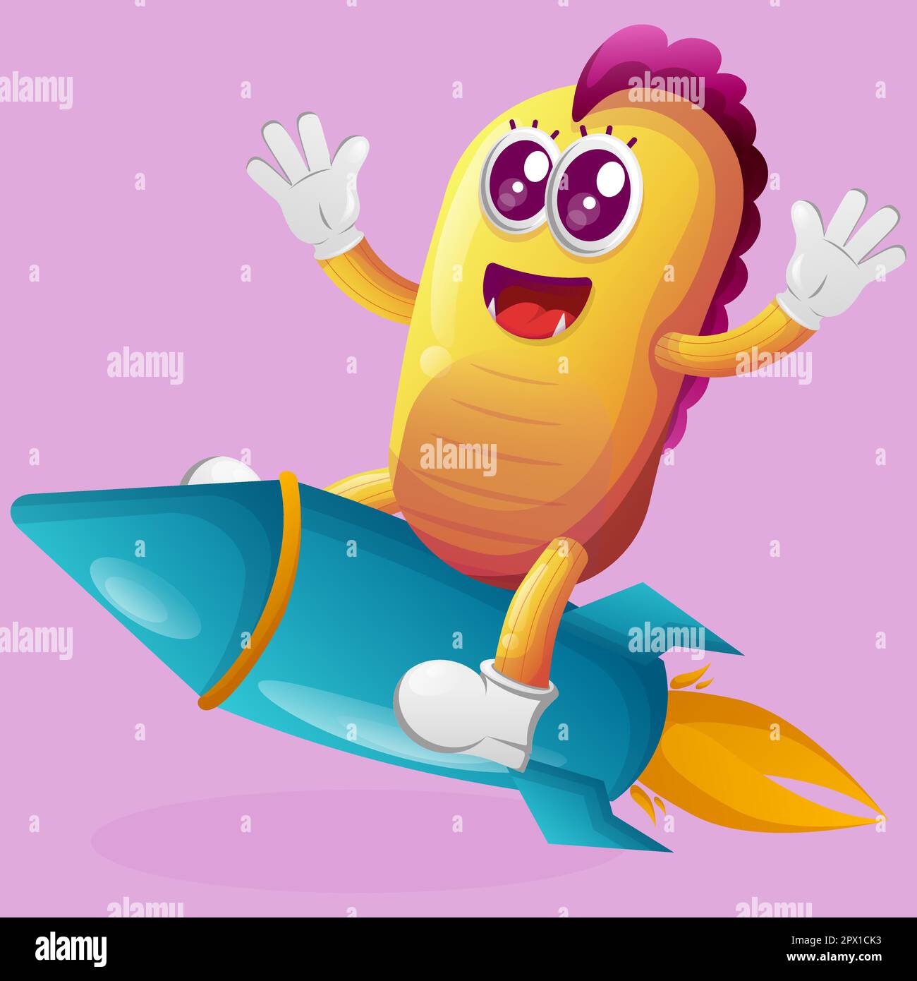 Cute yellow monster flying on rocket. Perfect for kids, small business ...