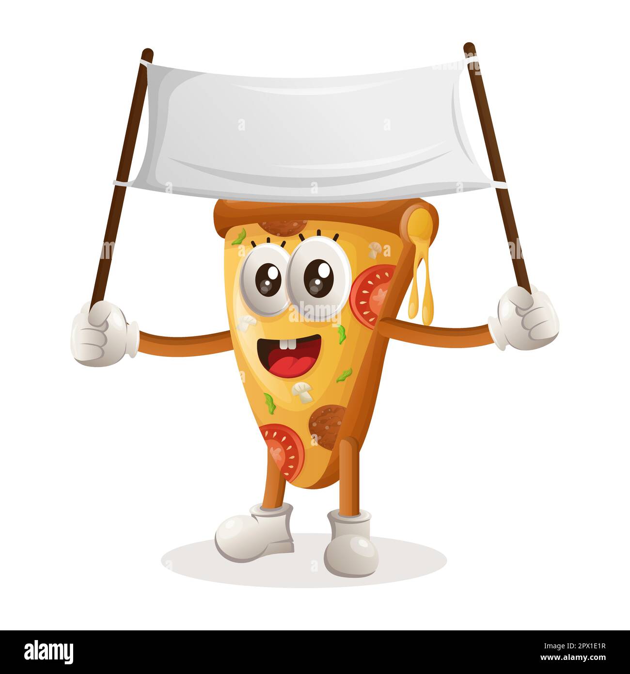 Cute pizza mascot holding blank banner. Perfect for food store, small ...