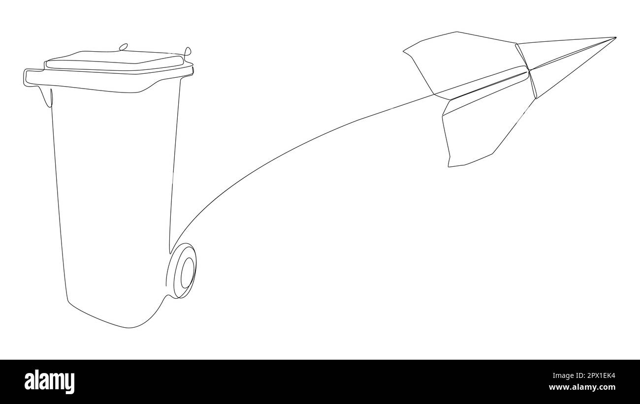 One continuous line of Paper Airplane with Garbage Bin. Thin Line ...