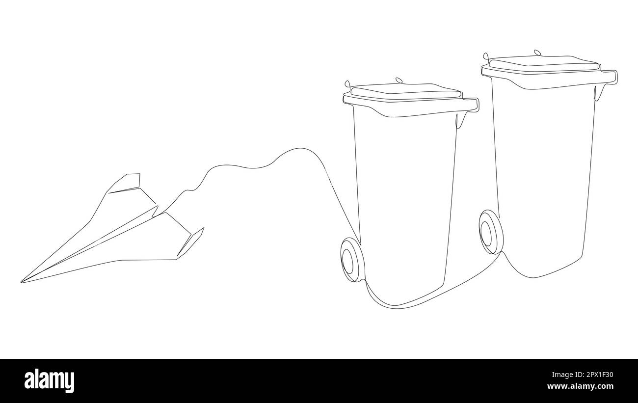 One continuous line of Paper Airplane with Garbage Bin. Thin Line ...