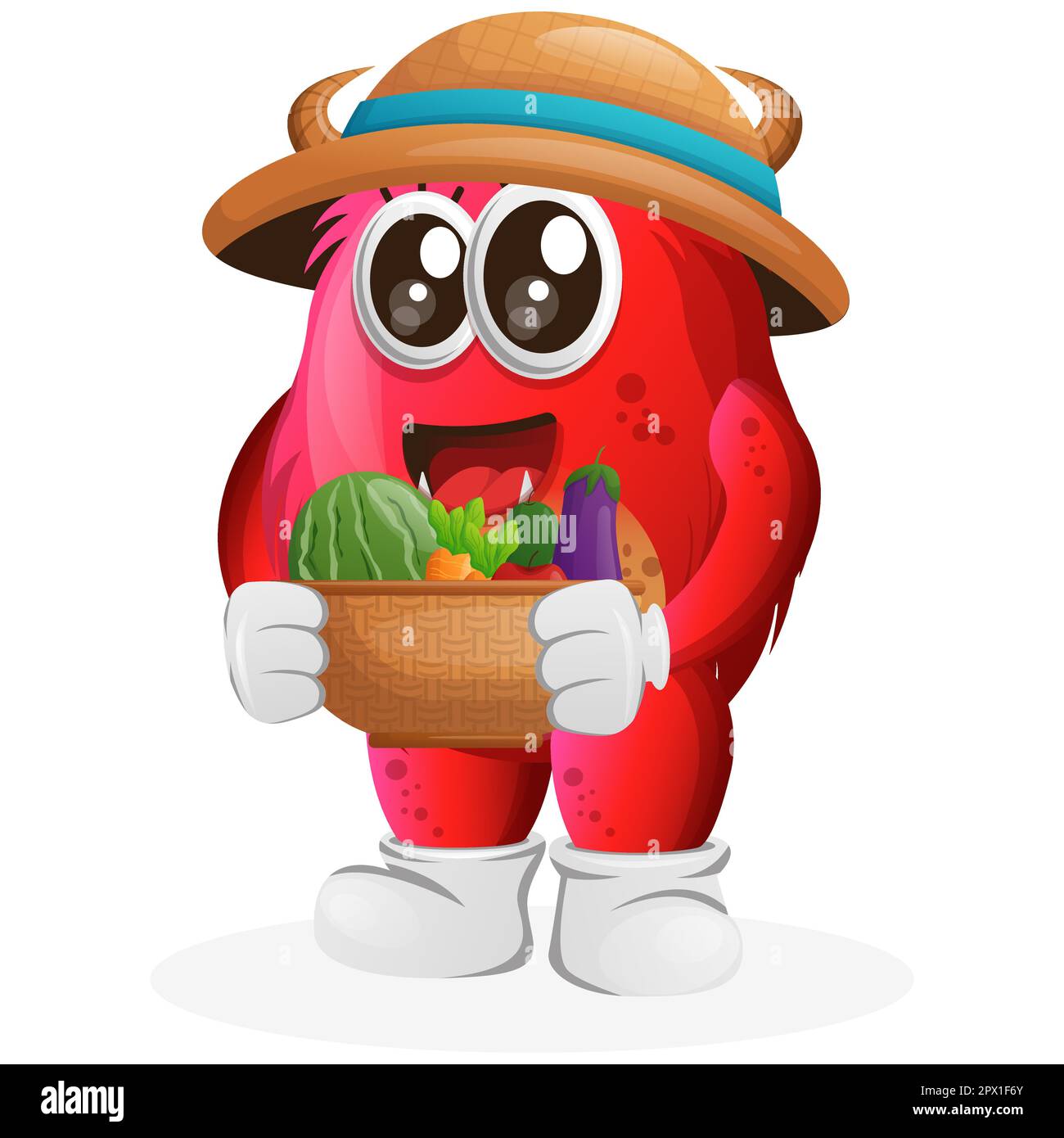 Cute red monster carries variety of fresh vegetables and fruits ...
