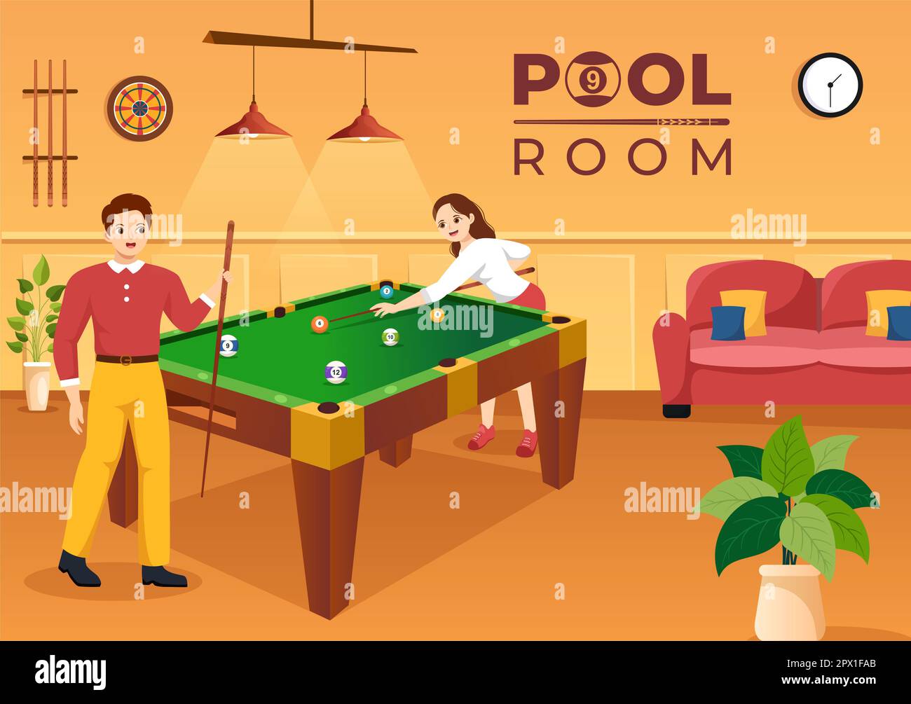 Billiards Game Illustration with Player Pool Room with Stick, Table and ...