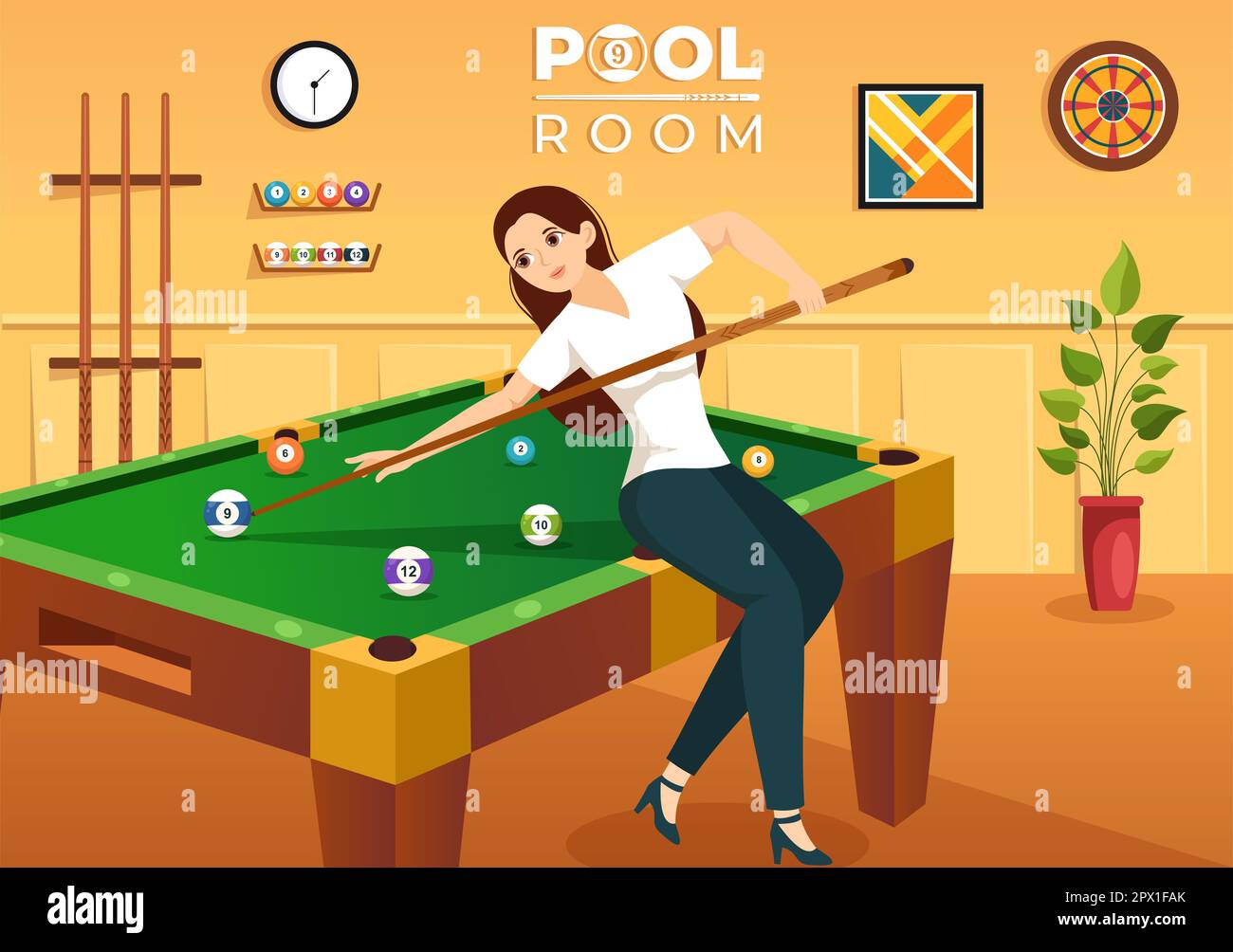 Billiards Game Illustration with Player Pool Room with Stick, Table and ...