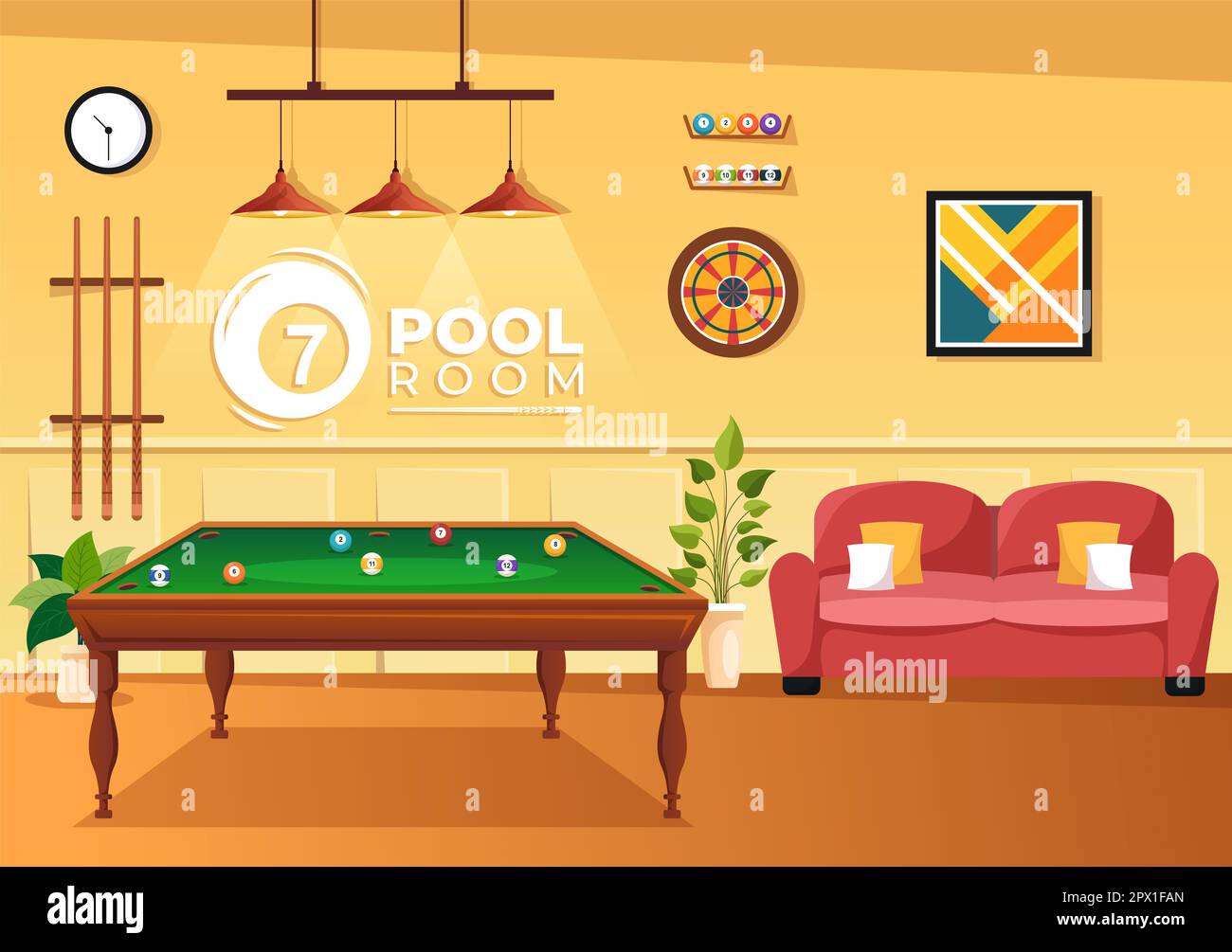 Billiards Game Illustration with Player Pool Room with Stick, Table and ...