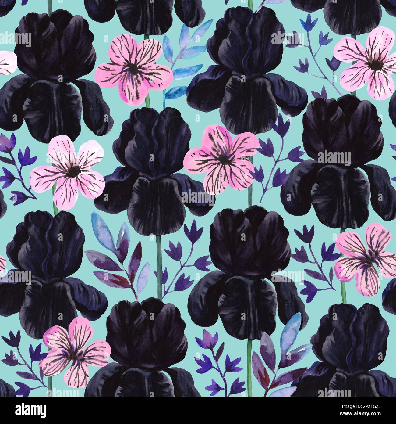 Gothic floral seamless pattern with watercolor black and purple velvet ...