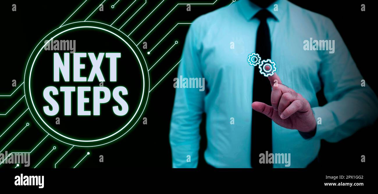 Conceptual caption Next Steps, Word Written on numper of process going ...