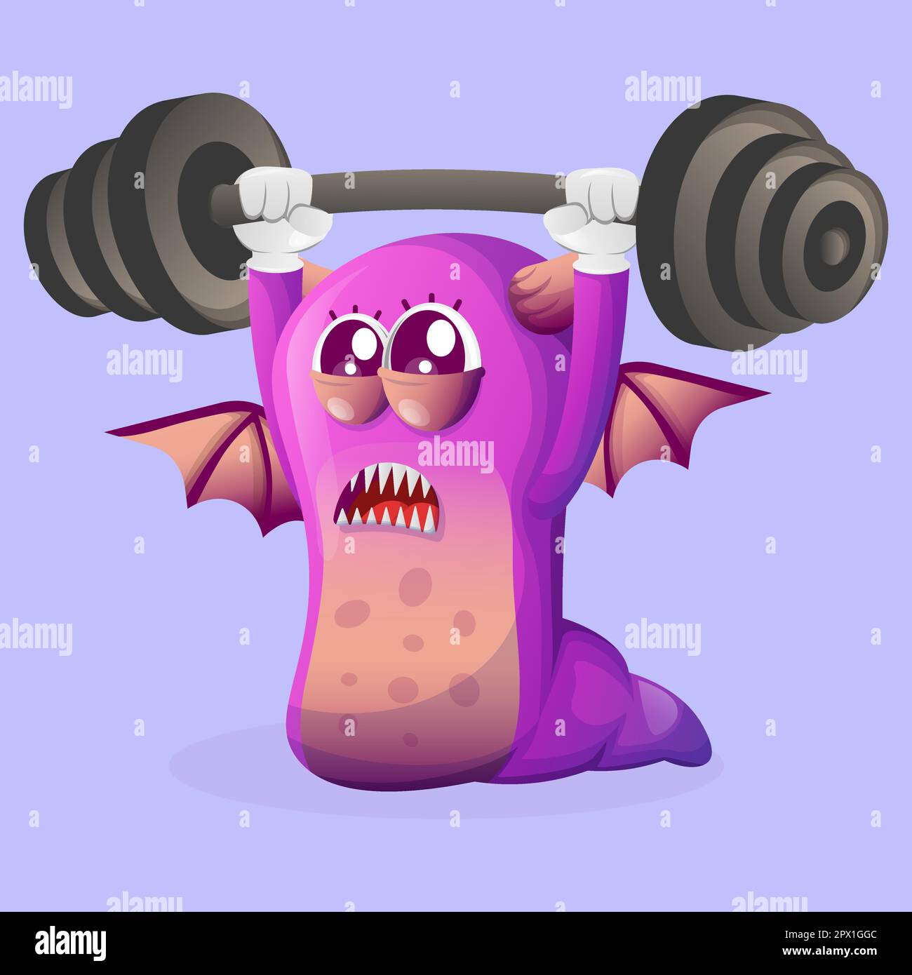 Cute purple monster bodybuilding with barbell flexing muscles. Perfect ...