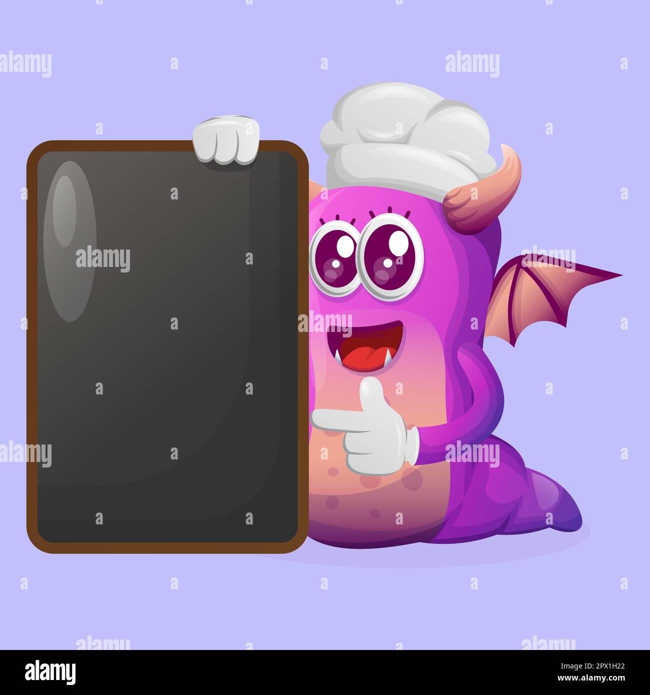 Cute purple monster holding menu black Board, menu board, sign board ...
