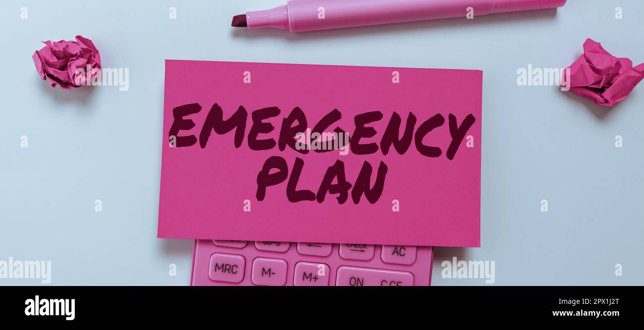 Sign displaying Emergency Plan, Word for Procedures for response to ...