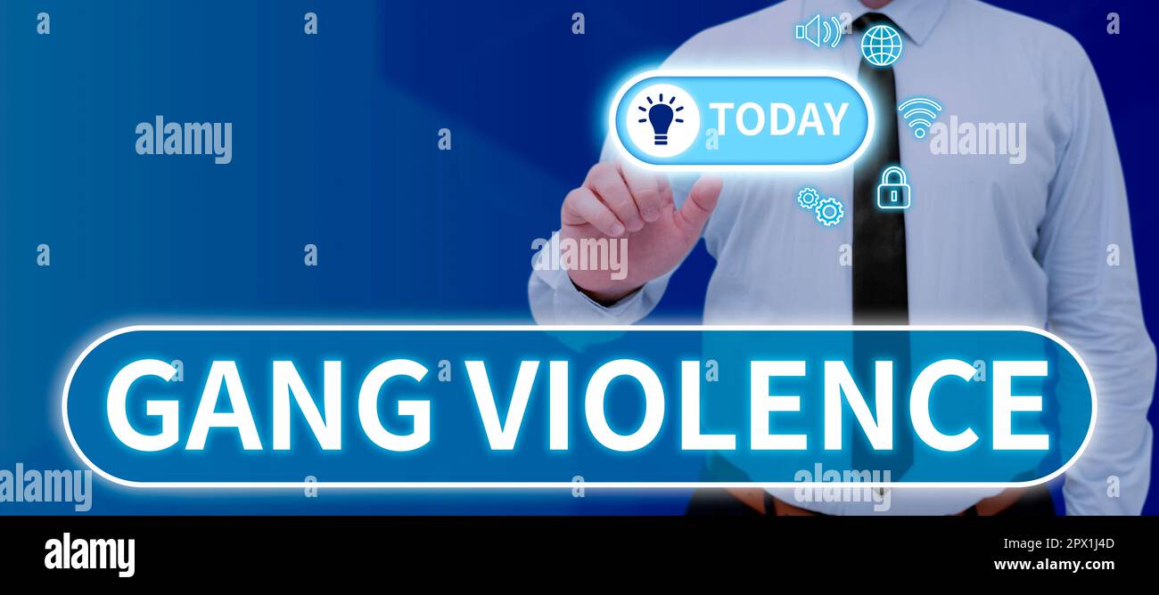 Hand writing sign Gang Violence, Word for infringement of the laws ...