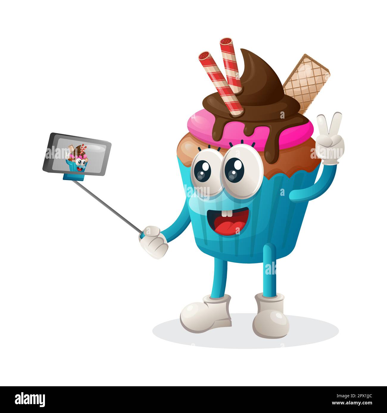 Cute cupcake mascot takes a selfie with smartphone. Perfect for food ...