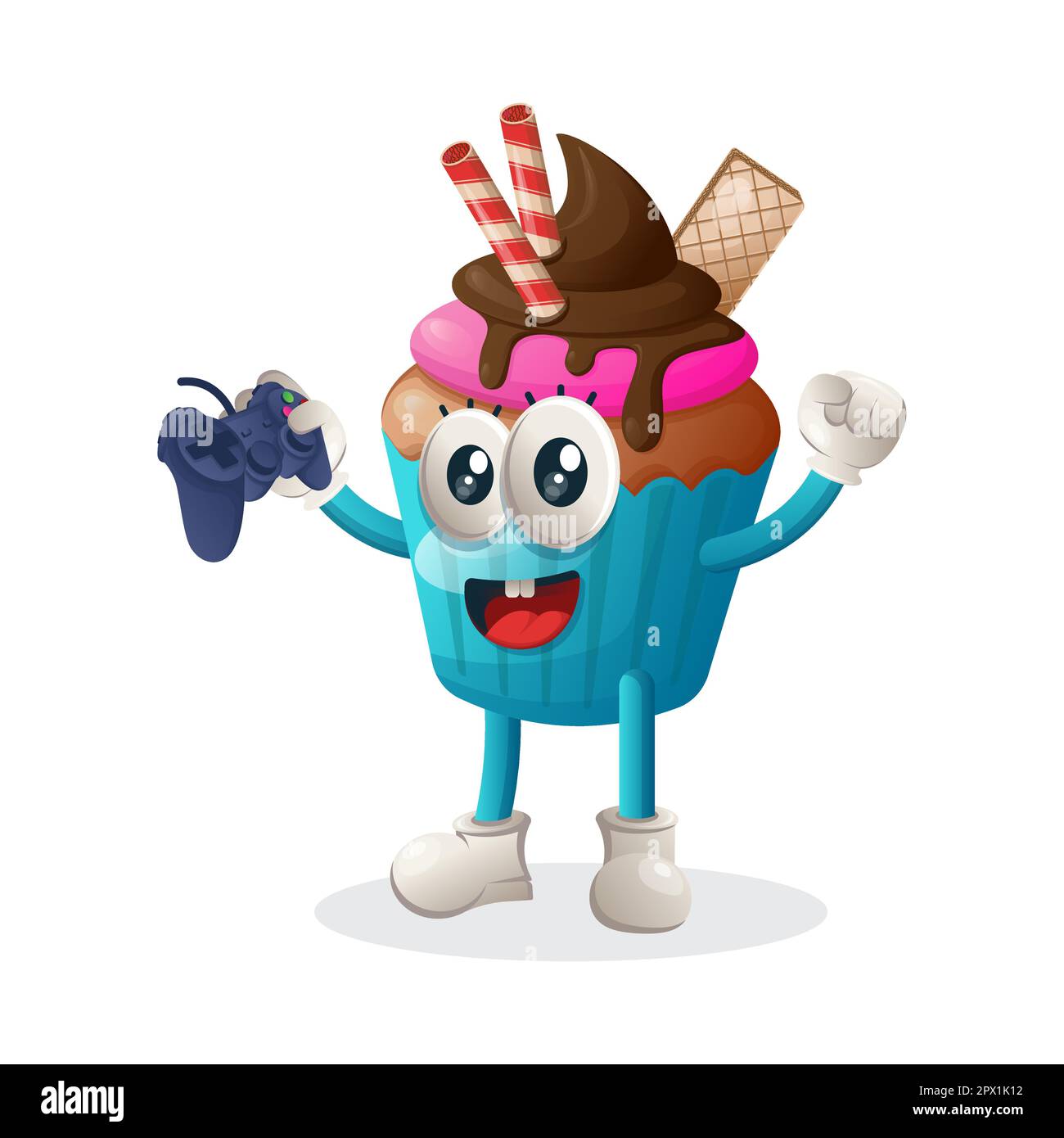 Cute cupcake mascot playing videogame with holding joystick. Perfect ...