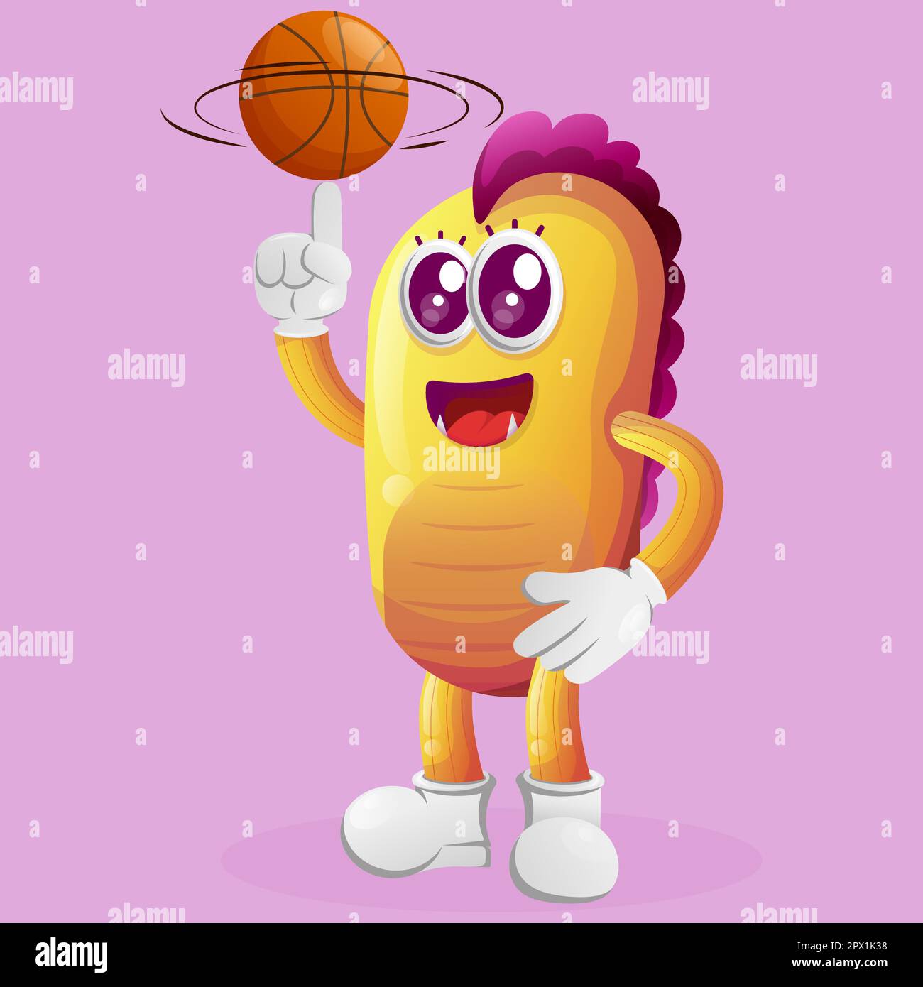 Cute yellow monster playing basketball, freestyle with ball. Perfect ...