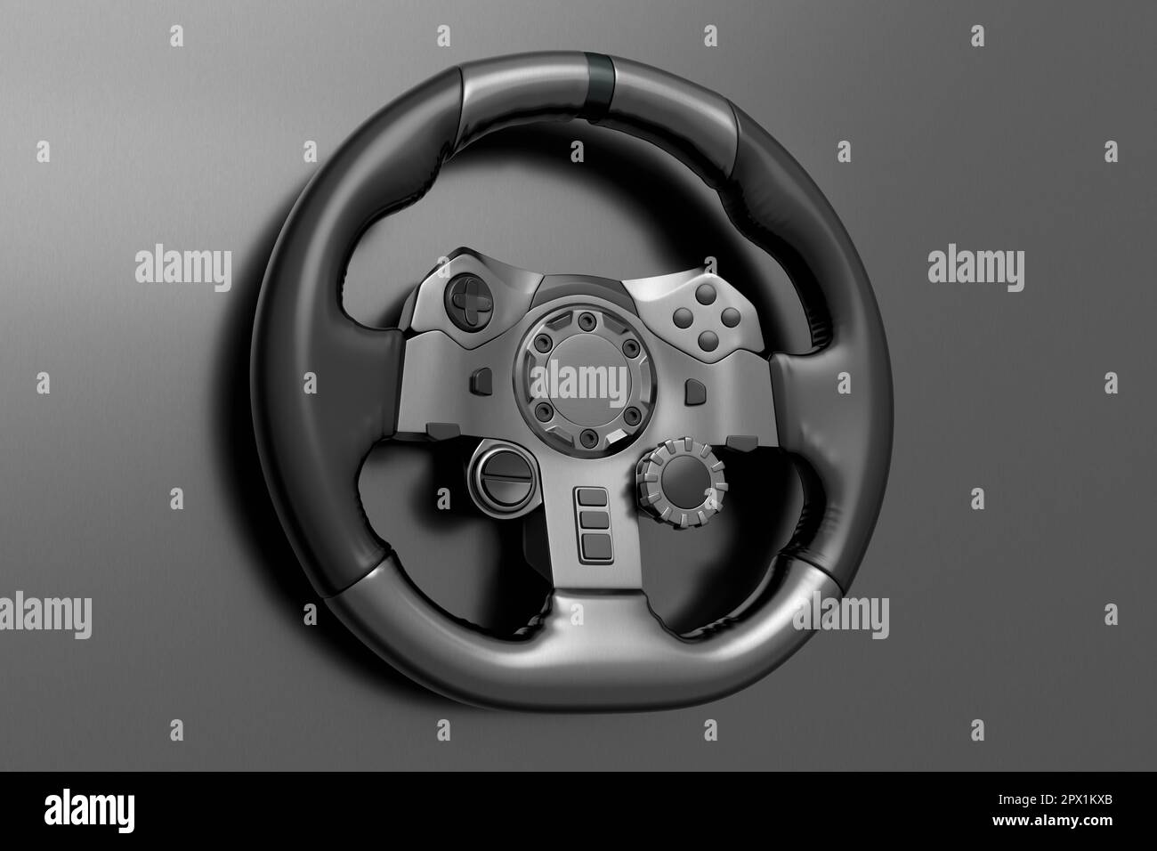 Realistic leather steering wheel with metallic chrome texture on dark ...