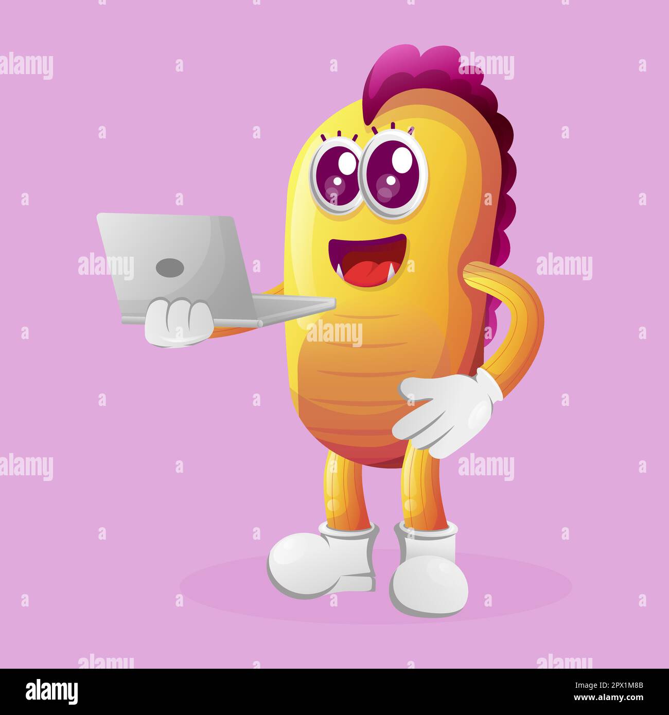 Cute yellow monster working using a laptop. Perfect for kids, small ...