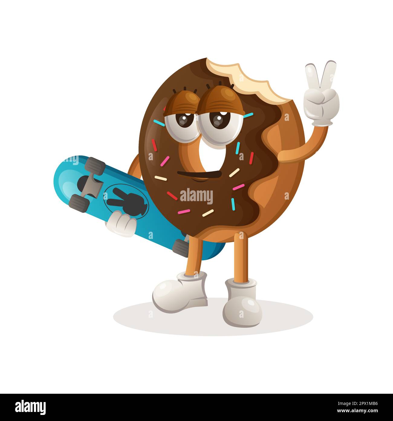 Cute donut mascot carrying a skateboard. Perfect for food store, small ...