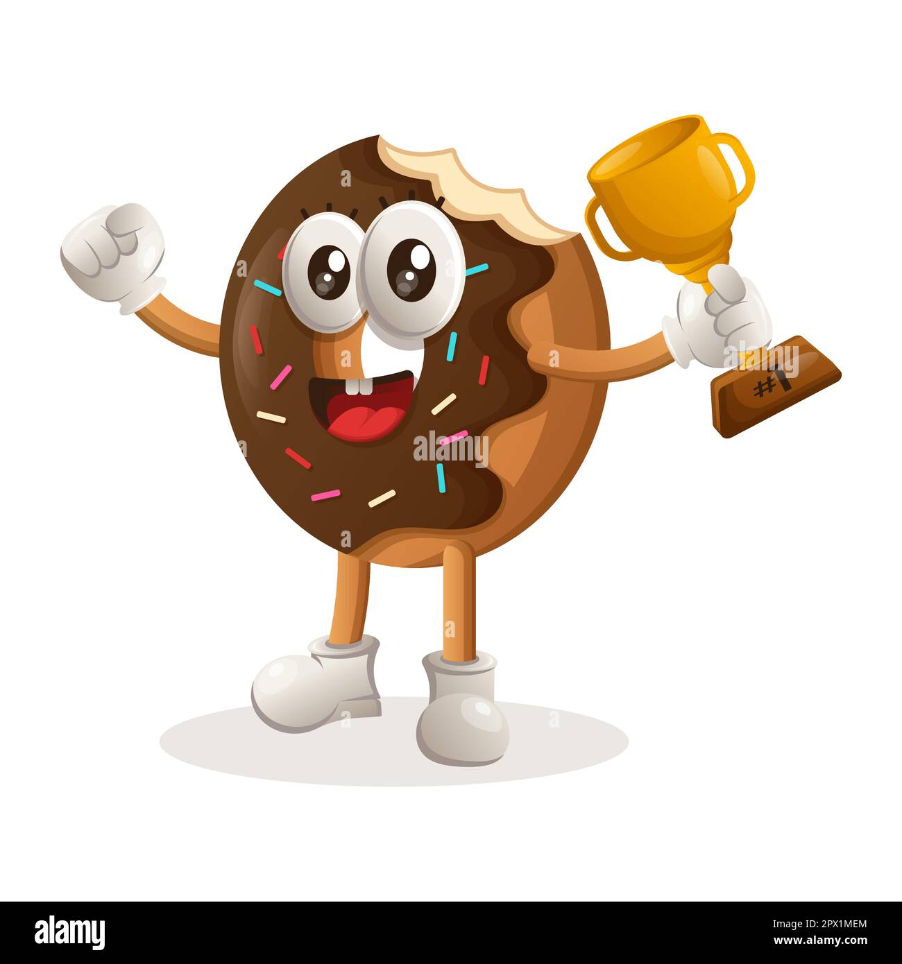 Cute donut mascot winning award and celebrating success. Perfect for ...